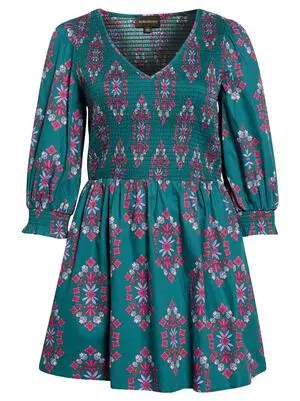 SUGARLIPS Isme Floral Smocked Cotton Fit & Flare Midi Dress - Teal-pink