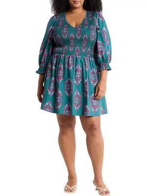 SUGARLIPS Isme Floral Smocked Cotton Fit & Flare Midi Dress - Teal-pink