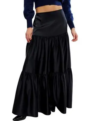 Free People Juliette Satin Tiered Maxi Skirt - Black