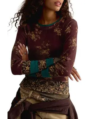 Free People Easy Does It Floral Rib Stretch Cotton Top Wine Combo