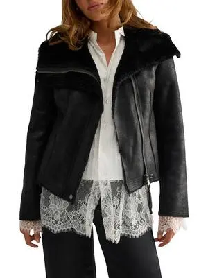 Free People Fourline Faux Leather Jacket With Faux Shearling Lining - Black