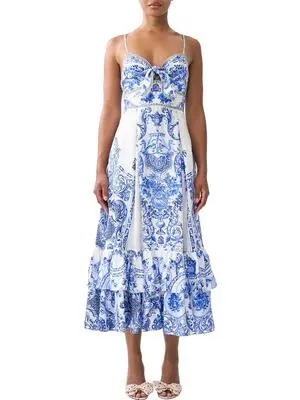 Camilla Ruffle Hem Tie Front Midi Dress - Ceramic Panoramic