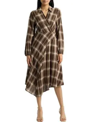 CITY BLUES Long Sleeve Asymmetric Plaid Shirtdress Brown