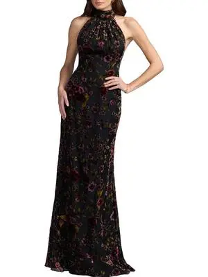 Mac Duggal Sleeveless Velvet Halter Neck Gown With Drape - Black Multi