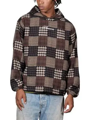 PLEASURES Madras Plaid Patchwork Pullover Hoodie - Brown