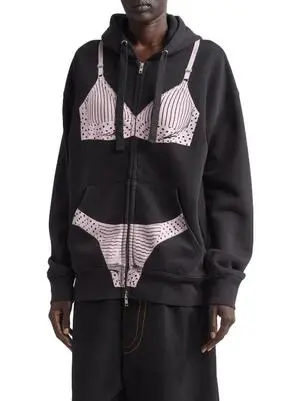 Vaquera Oversize Trompe L'oeil Lingerie Zip Graphic Hoodie - Black