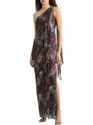 VINCE CAMUTO Metallic Abstract Print One-shoulder Chiffon Gown