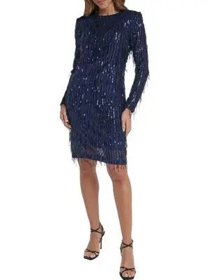 Eliza J Sequin Fringe Long Sleeve Cocktail Dress Navy