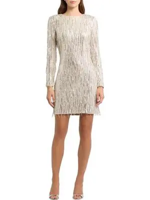 Eliza J Sequin Fringe Long Sleeve Cocktail Dress - Silver