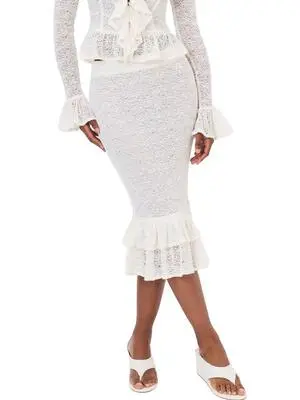 MISS CIRCLE NEW YORK Urvi Crochet Ruffle Midi Skirt - White