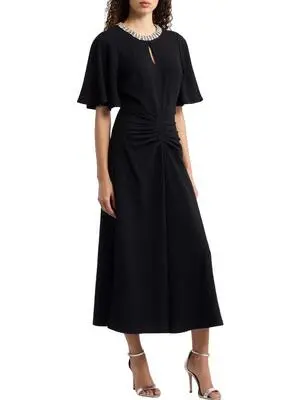 Rebecca Vallance Noemie Rhinestone Detail Keyhole Neck Cocktail Midi Dress - Black