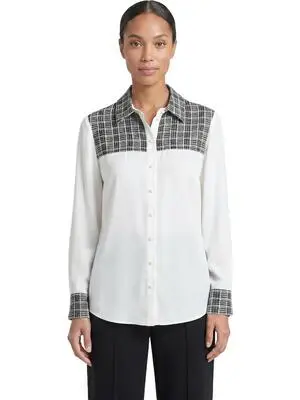 Misook Mixed Media Plaid Crepe De Chine Blouse - White/black