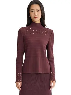 Misook Studded Mock Neck Ribbed Knit Top - Mahogany