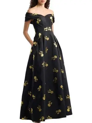 Rebecca Vallance Mariya Metallic Rose Jacquard Off The Shoulder Gown - Black/gold