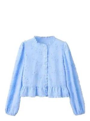 Mango Embroidered Ruffle Peplum Cotton Button-up Top - Blue