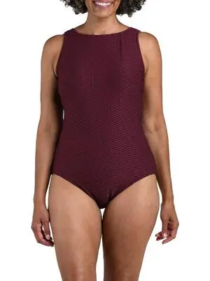 MAXINE OF HOLLYWOOD Textured High Neck One Piece Swimsuit Wine