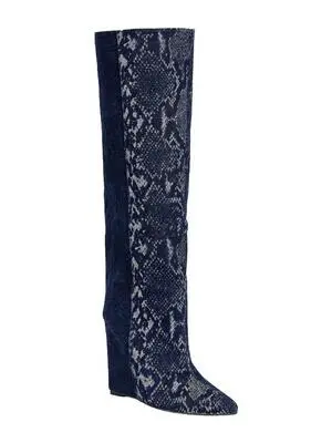 AZALEA WANG Gianna Snake Print Wedge Knee High Boot