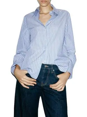 Mango Stripe Cotton Blend Poplin Button-up Shirt Blue