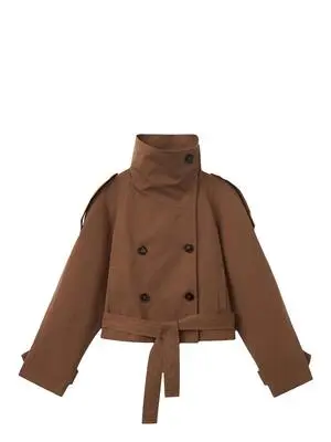 Mango Double Breasted Crop Cotton Blend Trench Coat - Brown