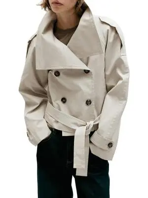 Mango Double Breasted Crop Cotton Blend Trench Coat - Light/pastel Grey