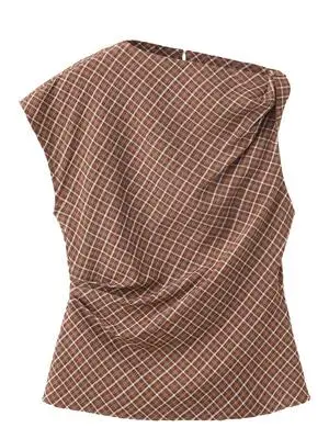 Mango Asymmetric Check Top - Brown
