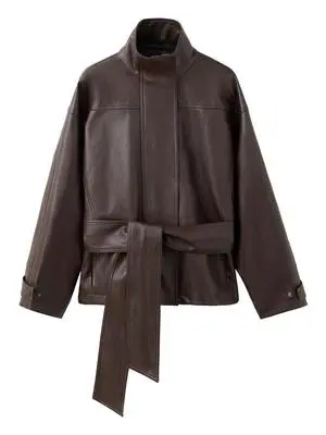 Mango Oversize Belted Faux Leather Jacket - Chocolate