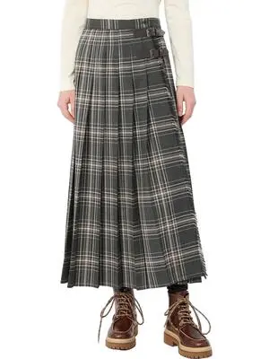 Max Mara Prisma Plaid Pleated Midi Skirt - Dark Grey