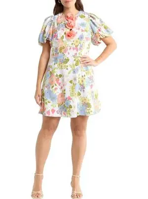 SUGARLIPS Floral Rosette Puff Sleeve Minidress