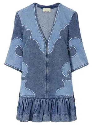 ALEMAIS Jesse Ruffled Embroidered Denim Mini Dress