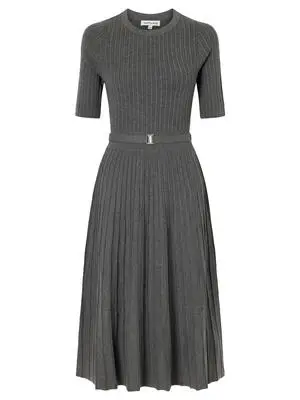 Veronica Beard Elthea Belted Pleated Ribbed-knit Midi Dress - Gray