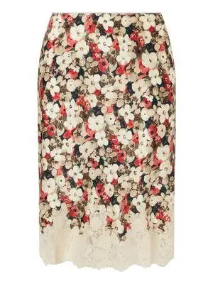 DÔEN Elowette Floral-print Lace-trimmed Silk-satin Midi Skirt Multi