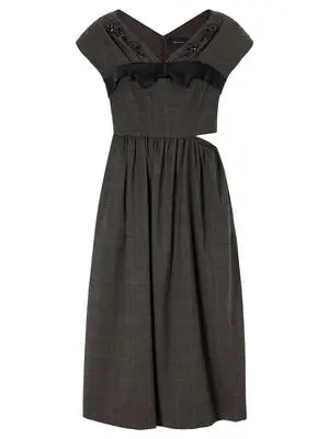 Simone Rocha Embellished Gathered Prince Of Wales Wool-blend Midi Dress - Multi