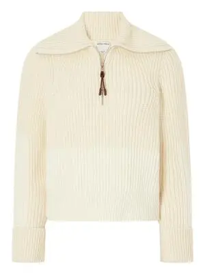 Bottega Veneta Leather-trimmed Ribbed Wool Turtleneck Sweatshirt - Neutrals