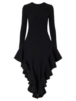 Alaïa Ruffled Ribbed Wool-blend Midi Dress - Black