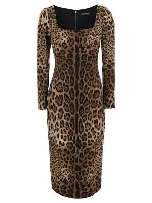 Dolce & Gabbana Brown Midi Dress With Square Neckline And All-over Leopard Motif In Stretch Viscose For - Multicolor