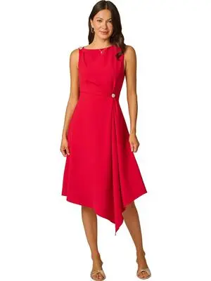 Adrianna Papell Asymmetrical Brooch Draped Midi Dress - Red