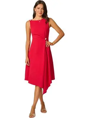 ADRIANNA PAPELL Asymmetrical Brooch Draped Midi Dress In Red
