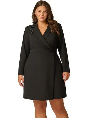 Adrianna Papell Long Sleeve Beaded Short Blazer Wrap Dress - Black
