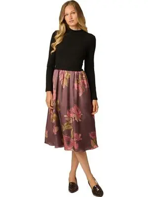 Adrianna Papell Long Sleeve Floral Satin Amelia Midi Dress - Mocha Multi