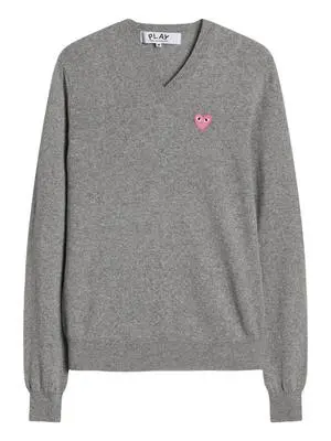 Play Comme Des Garcon Pink Heart V Neck Jumper - Grey