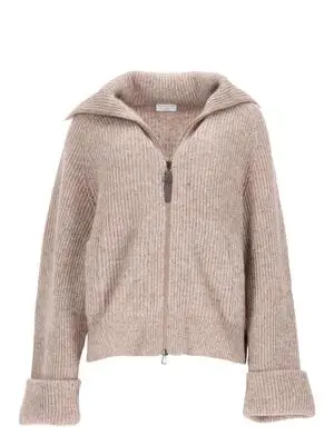 Brunello Cucinelli Cardigan In Cashmere A Coste - Beige