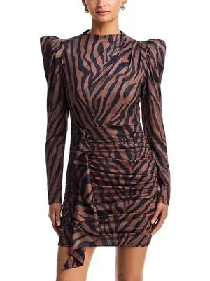 Aqua Ziger Puffed Shoulder Mini Dress Exclusive - Brown Multi