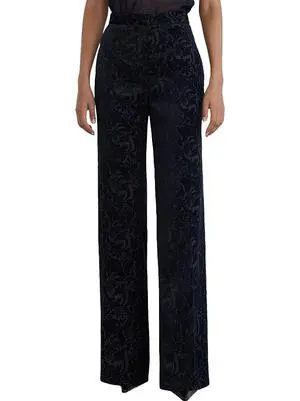 REISS Flocked Velvet Flare Trousers - Navy