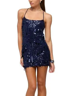 EDIKTED Nala Backless Sequin Mesh Mini Dress - Navy