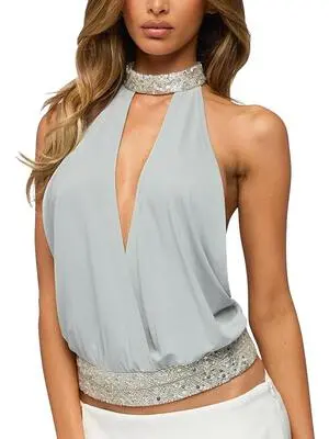 EDIKTED Pria Beaded Backless High Neck Top - Light-gray