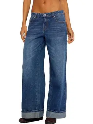 EDIKTED Gatz Cuffed Low Rise Wide Leg Jeans - Medium-blue-washed