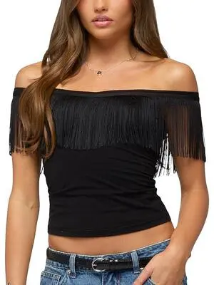 EDIKTED Catelina Fringe Off Shoulder Top - Black