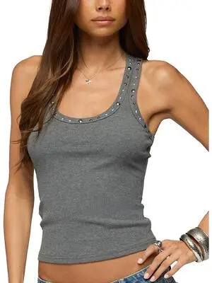 EDIKTED Charis Studded Ribbed Tank Top - Gray