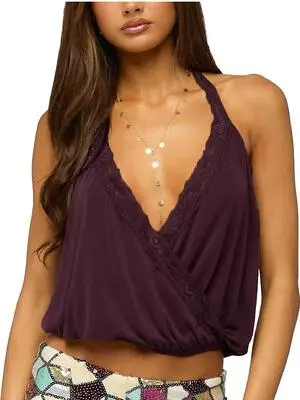 EDIKTED Eilen Lacey Wrap Halter Top - Plum