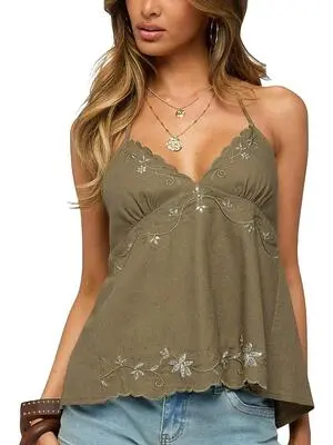 EDIKTED Nadine Embroidered Linen Look Top - Olive